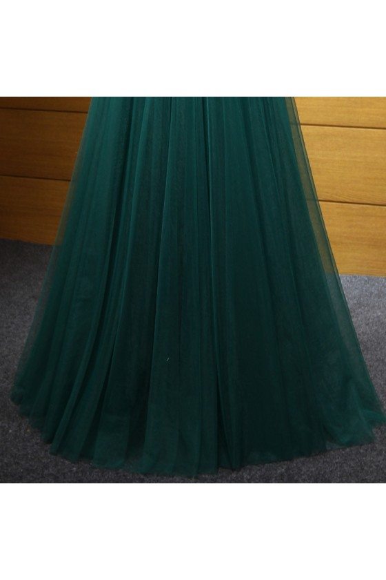 Fitted Hunter Green Long Tulle Prom Dress With Applique Lace Bodice