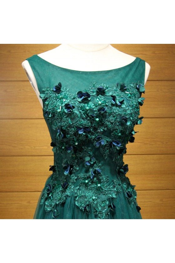 Fitted Hunter Green Long Tulle Prom Dress With Applique Lace Bodice