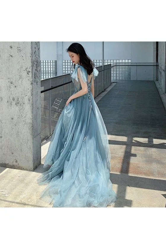 Sea Blue Beaded Long Tulle Prom Dress With Train - $129.9816 #AM79129 ...