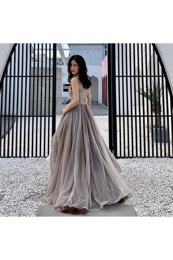 Flowy Grey With Brown Tulle Long Prom Dress With Beaded Vneck - $129. ...