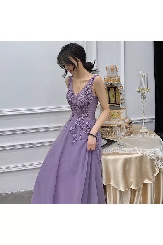 Pretty Purple Vneck Lace Cheap Prom Dress With Open Back - $118.98 # ...