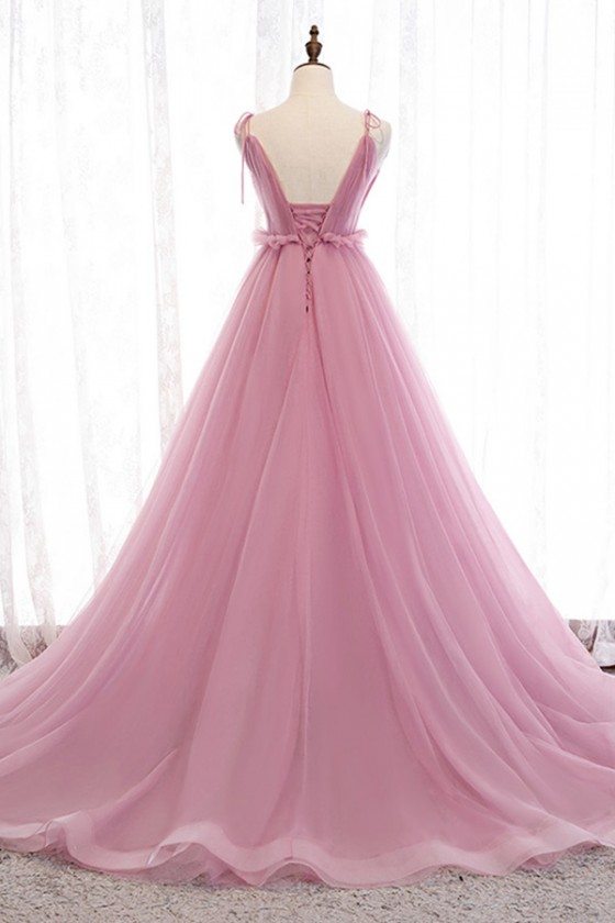 Rose Pink Long Tulle Ballgown Prom Dress With Illusion Vneck - $140. ...