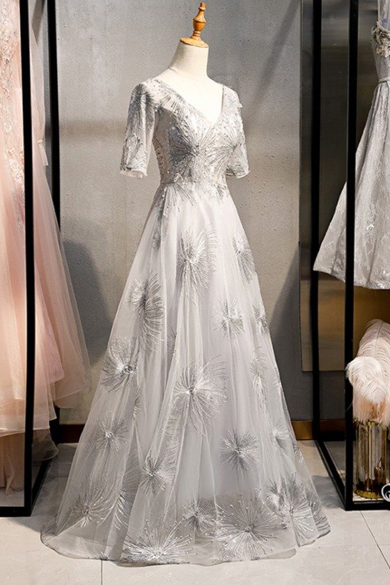 Elegant Long Grey Prom Dress Formal With Bling Sleeves - $131.9832 # ...