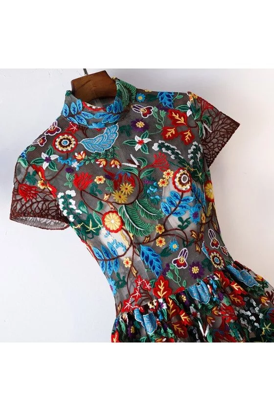 Unique Exotic Tea Length Party Dress Colorful Pattern With Collar ...