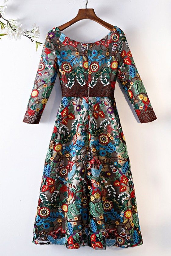Unique Exotic Pattern Tea Length Party Dress Colorful With Long Sleeves ...