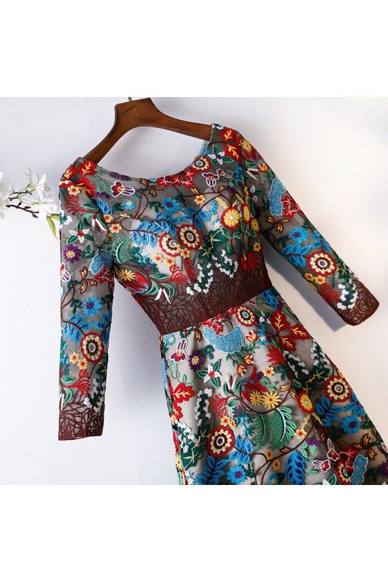 Unique Exotic Pattern Tea Length Party Dress Colorful With Long Sleeves ...
