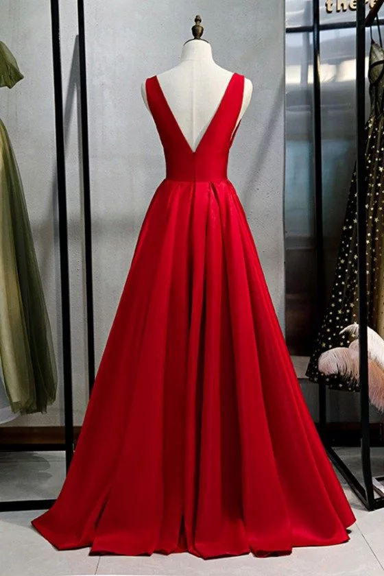 Classy Long Red Deep Vneck Prom Dress With Pleated Skirt - $120.9816 # ...