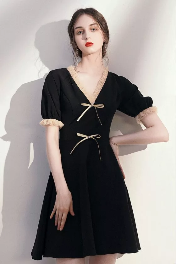 Romantic Vneck Bow Knot Little Black Hoco Dress with Sleeves - $69.9768 ...