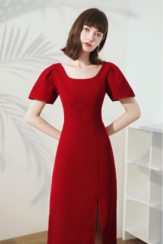 Burgundy Short Sleeved Sheath Party Dress with Side Split - $79.9776 # ...