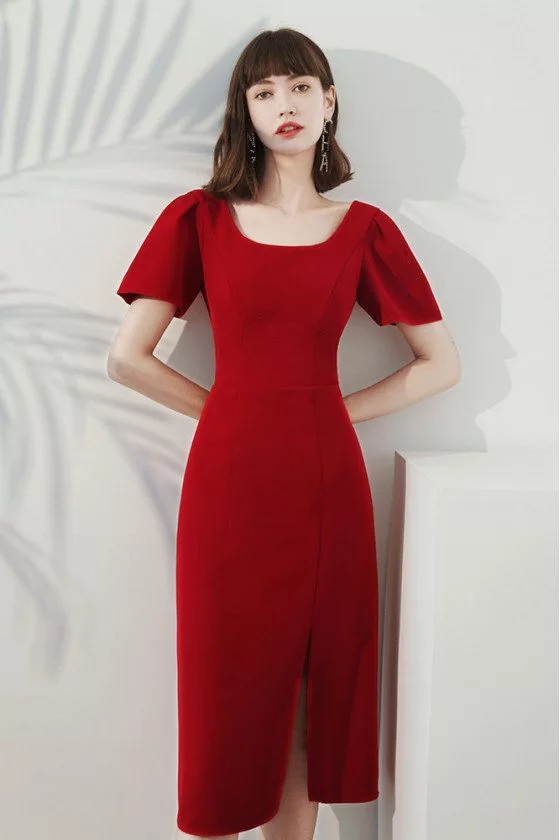 Burgundy Short Sleeved Sheath Party Dress with Side Split - $79.9776 # ...