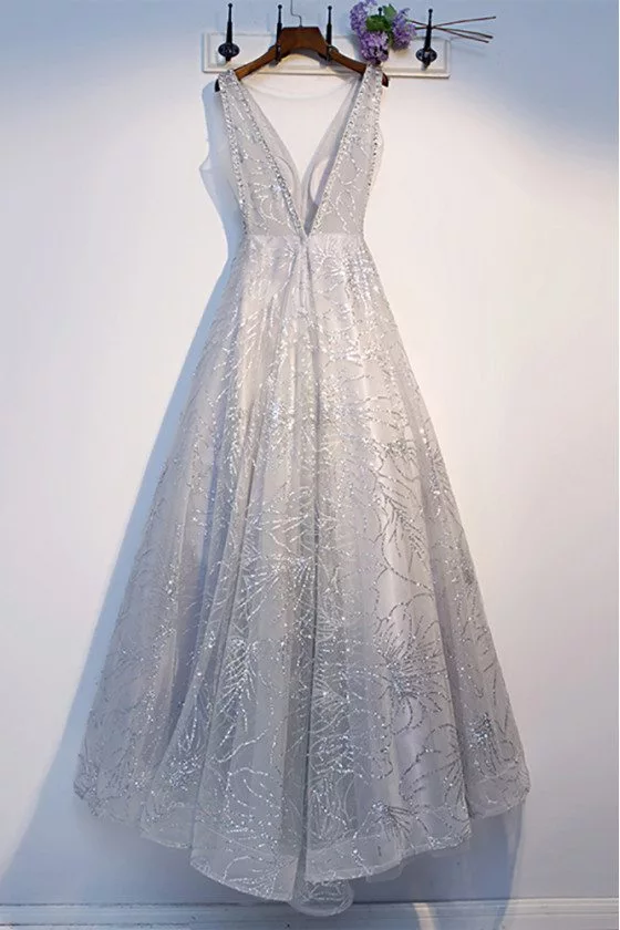 Sparkly Sequins Long Silver Prom Dress with Illusion Vneck - $109.98 # ...