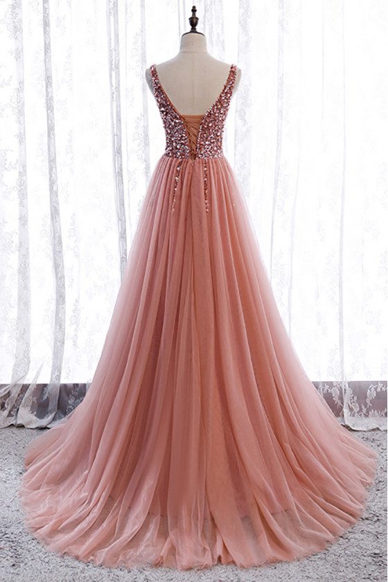 Pink Sequined Split Prom Dress Aline Sleeveless with Train - $134.9784 ...