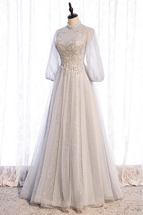 Grey Long Elegant Prom Dress Sequined with Lantern Long Sleeves - $144. ...