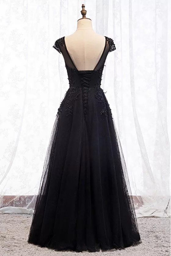 Long Black Prom Dress Round Neck Sequined with Appliques - $117.9792 # ...