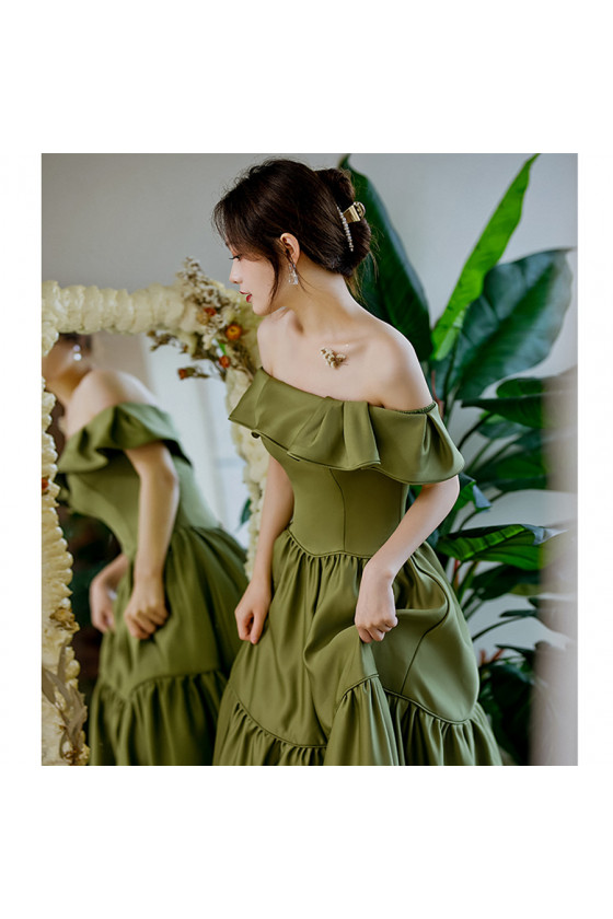 Simple Satin Green Long Formal Gown with Off Shoulder Neck - $147.9816 ...