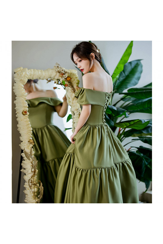 Simple Satin Green Long Formal Gown with Off Shoulder Neck - $147.9816 ...