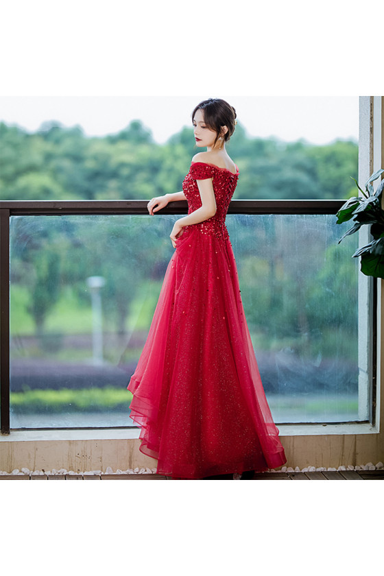 Sparkly Sequin Burgundy Long Prom Dress with Off Shoulder Neck - $167. ...