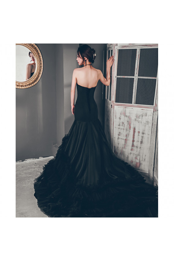 Fit And Flare Black Long Train Formal Dress with Cascading Ruffle ...