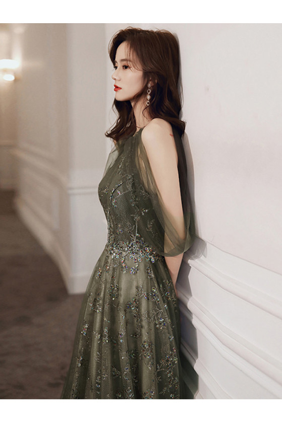 All Sequin Lace Halter Green Long Prom Dress With Cold Shoulder 117