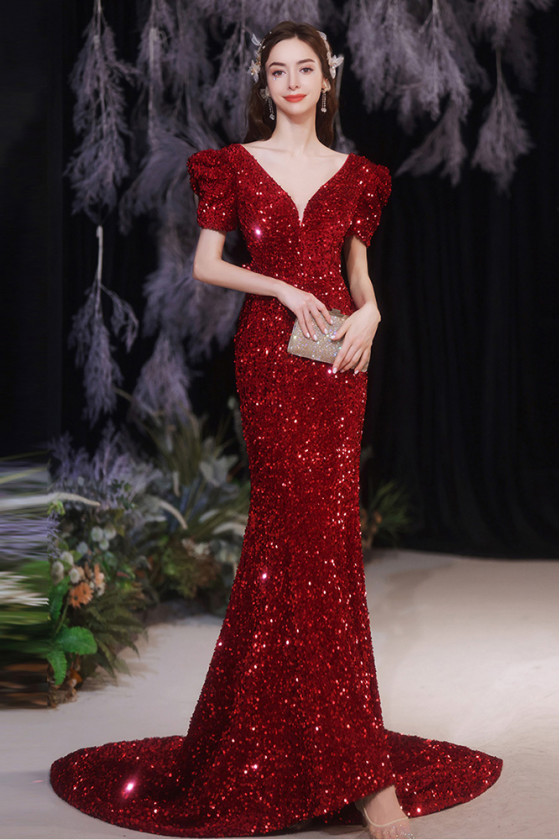 Formal Red Sequins Mermaid Vneck Prom Dress with Train - $155.988 # ...
