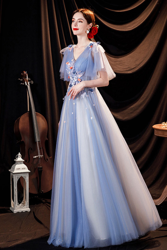 Pretty Tulle Flowy Blue Aline Prom Dress with Flowers - $133.992 # ...