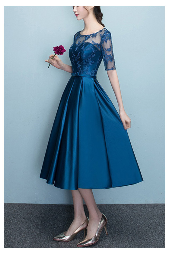 Pleated Blue Tea Length Aline Party Dress With Illusion Sleeves - $65. ...