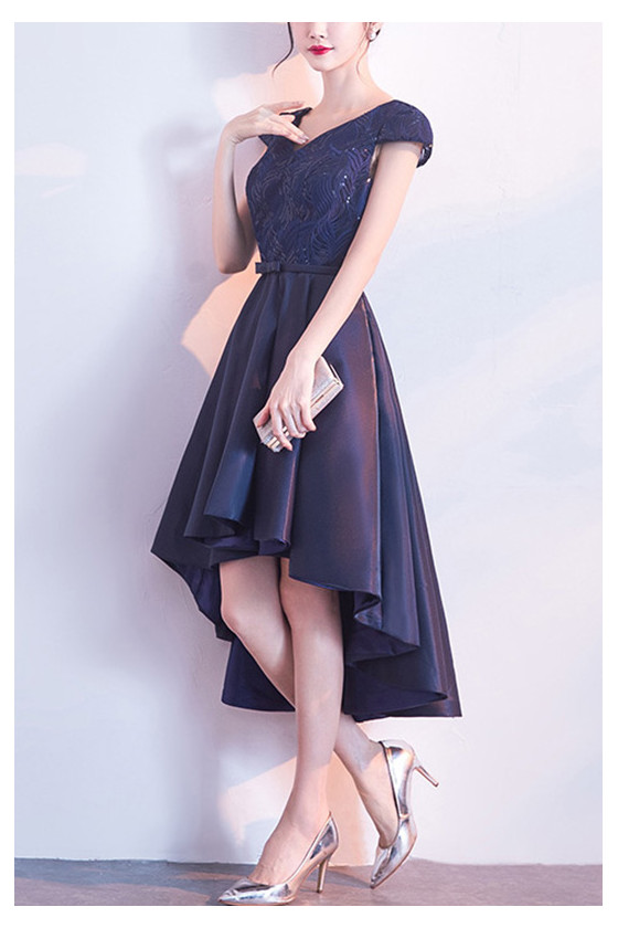 Popular High Low Navy Hoco Dress With Cap Sleeves - $65.4768 #S1490 ...