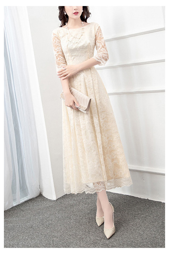 Modest Tea Length Lace Semi Party Dress With Lace Sleeves - $65.4768 # ...