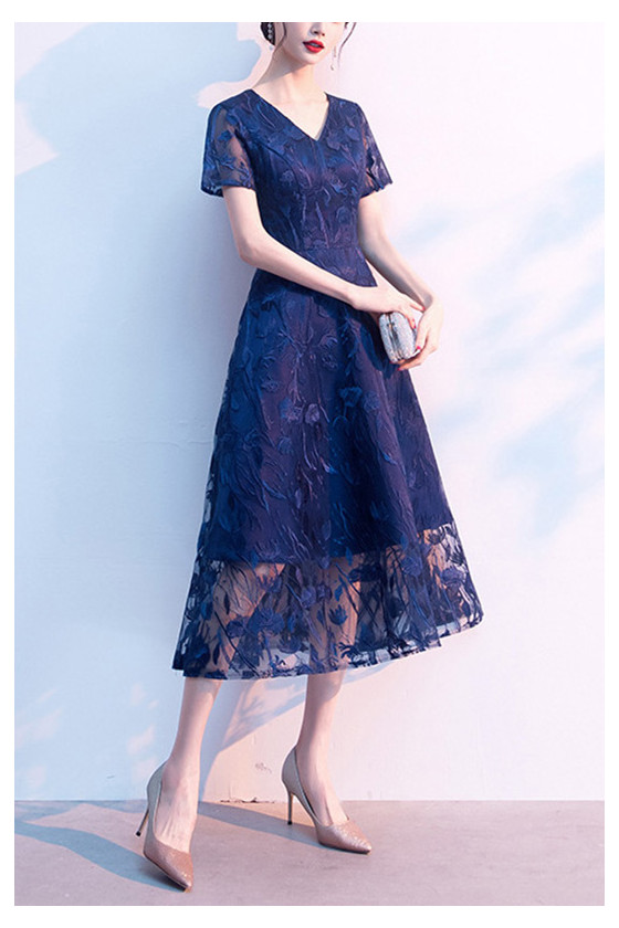 Modest Tea Length Wedding Party Dress Vneck With Short Sleeves - $68. ...