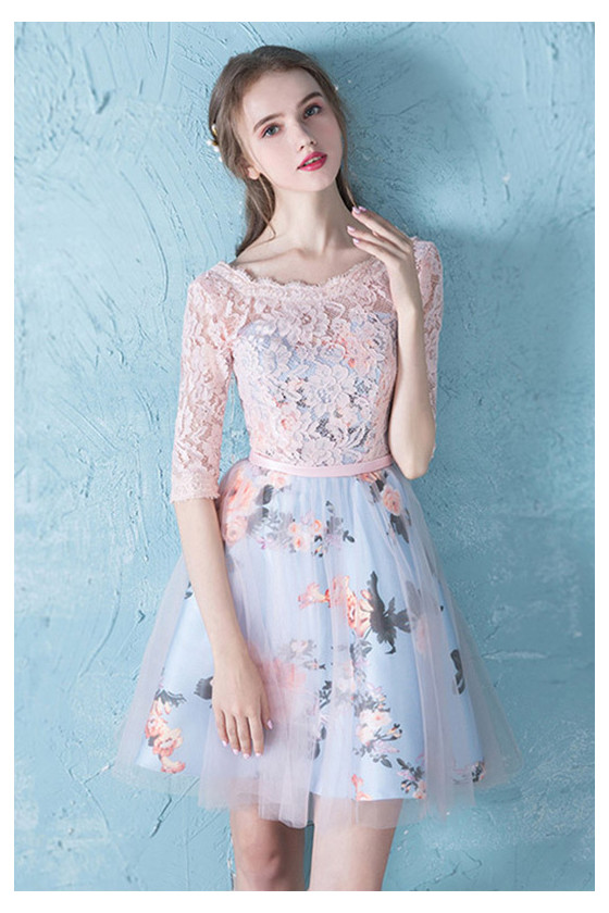 Cute Floral Prints Lace Short Hoco Dress With Half Sleeves - $59.4792 # ...