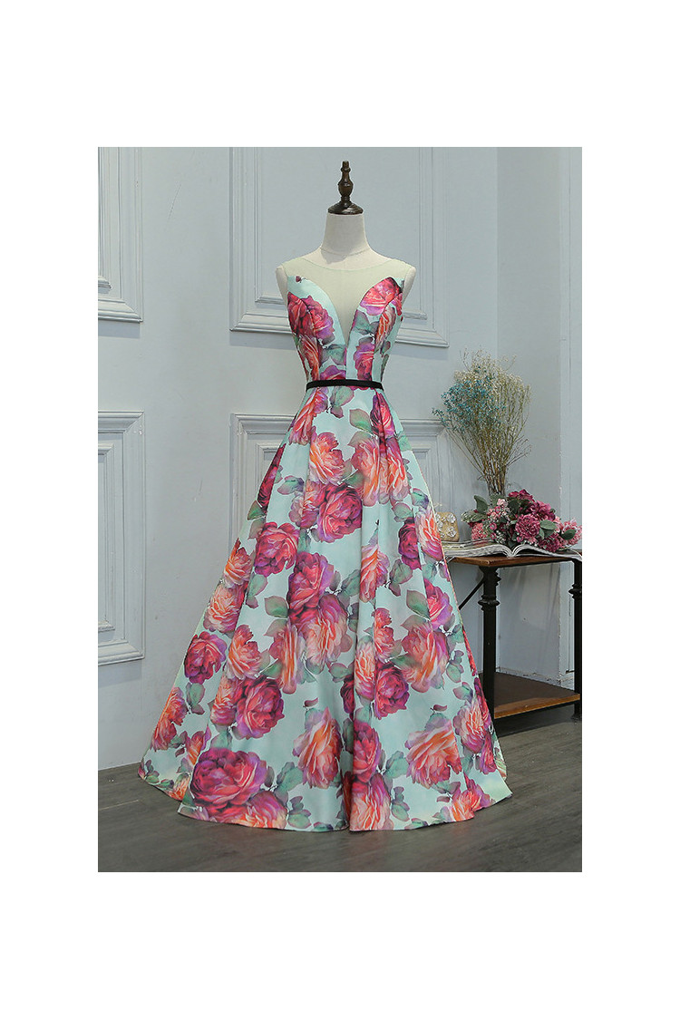 Floral Prints Long Prom Dress With Illusion Deep V Neckline - $85.4784 ...