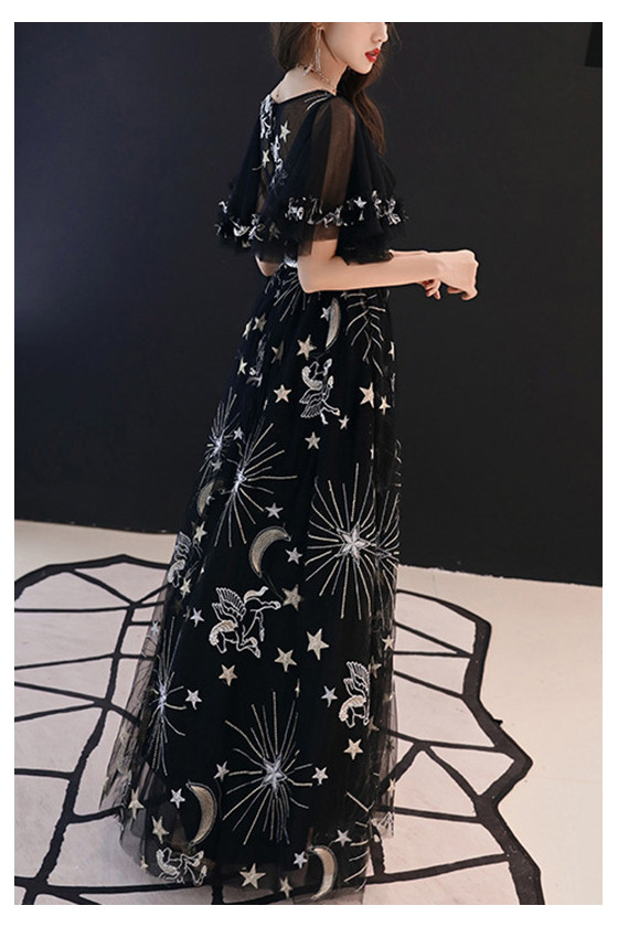 Unique Long Black Moon And Stars Party Prom Dress With Puffy Sleeves ...
