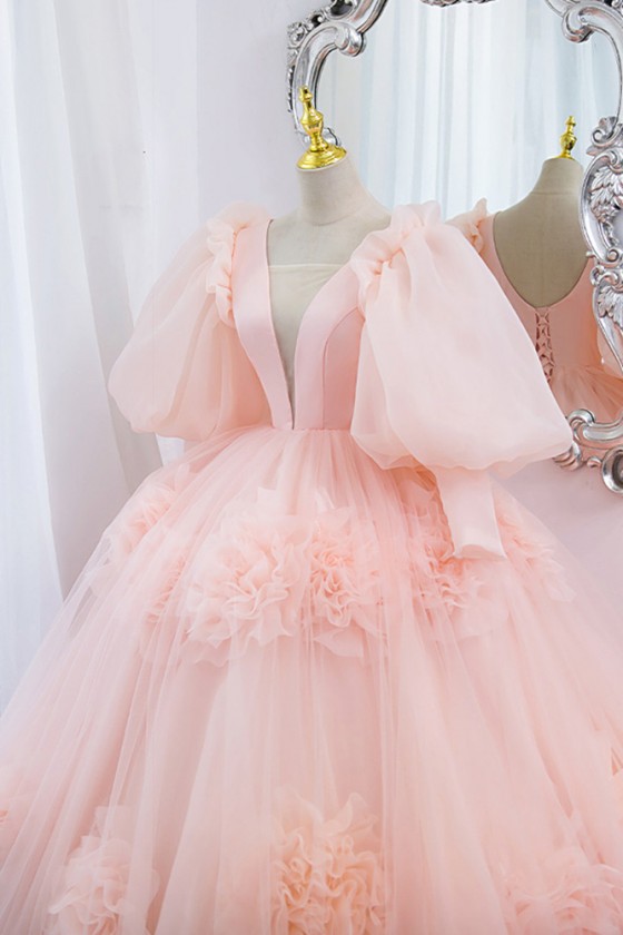 Princess Deep Vneck Ballgown Pink Prom Dress with Ruffled Flowers ...