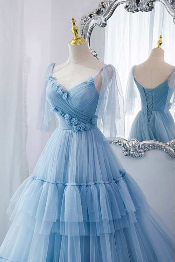 Dreamy Blue Pleated Long Tulle Prom Dress with Cape Tulle Sleeves ...