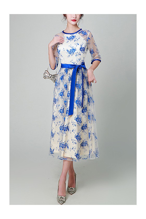 Retro Blue Flowers Tea Length Wedding Party Dress with Sash - $64.98 # ...