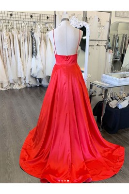 No Back Plain Satin Long Red Party Dress With V Neck - $125.9902 # ...