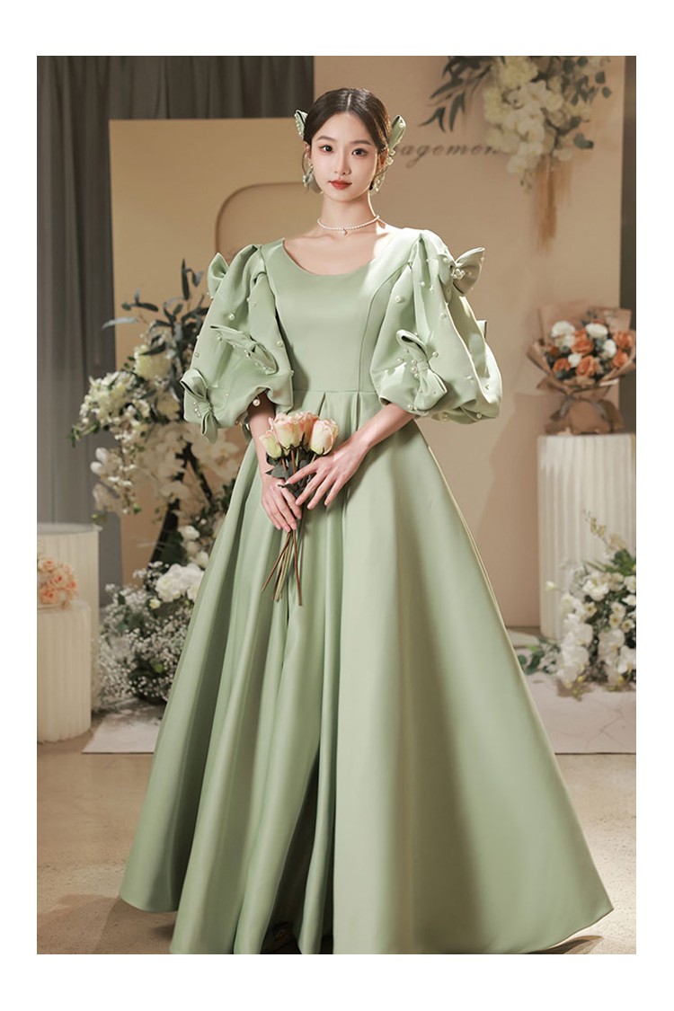Satin Ballgown Green Prom Dress with Bubble Sleeves - $182.992 #MS18007 - SheProm.com