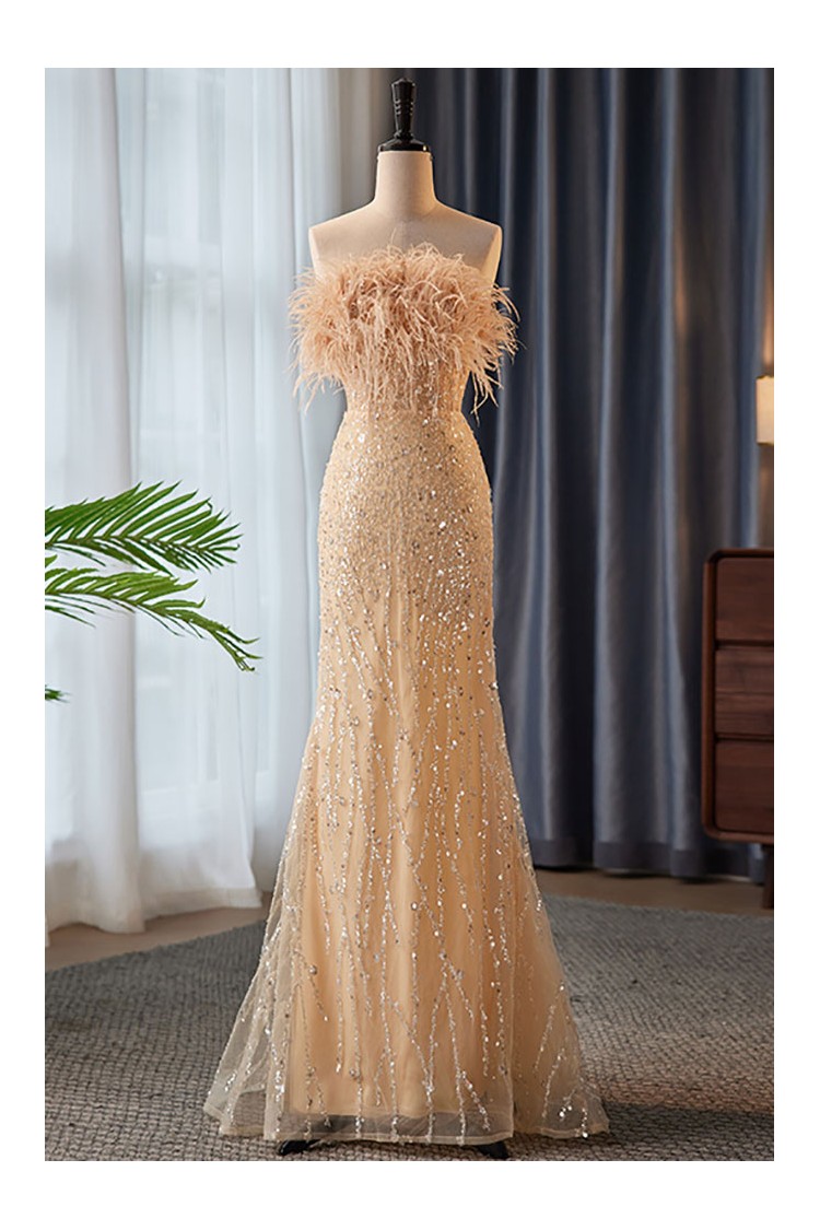 Bling Champagne Sequined Mermaid Prom Dress with Feathers - $133.992 # ...