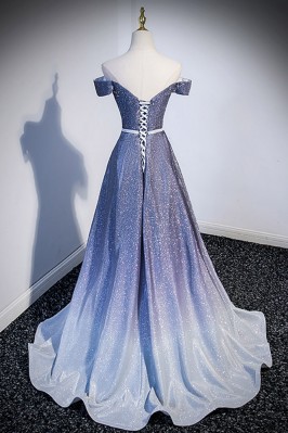 Blue Fantasy Prom Gown with Off-shoulder Design And Gradient Effect ...