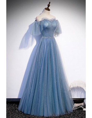 Flowy Blue Tulle Sequined Prom Gown with Shimmering Details - $159.992 ...