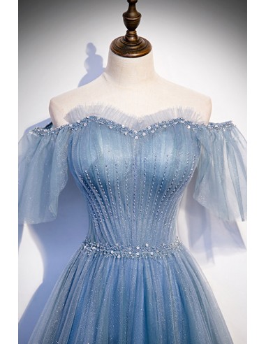 Flowy Blue Tulle Sequined Prom Gown with Shimmering Details - $159.992 ...