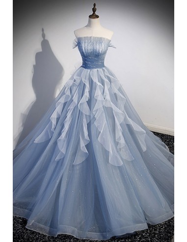 Majestic Blue Fantasy Ruffled Tulle Ballgown Prom Dress with Long ...