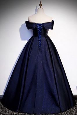 Navy Blue Prom Gown with Off-shoulder Design And Full Length Skirt ...