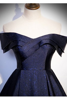 Navy Blue Prom Gown with Off-shoulder Design And Full Length Skirt ...