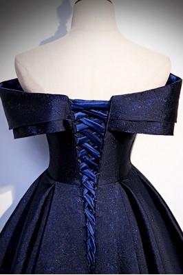 Navy Blue Prom Gown with Off-shoulder Design And Full Length Skirt ...