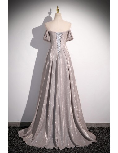 Long Grey Shiny Simple Prom Dress with Off Shoulder Straps - $153.992 # ...