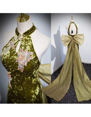 Glitterring Green Long Halter Sheath Prom Dress with Bow Streamer ...