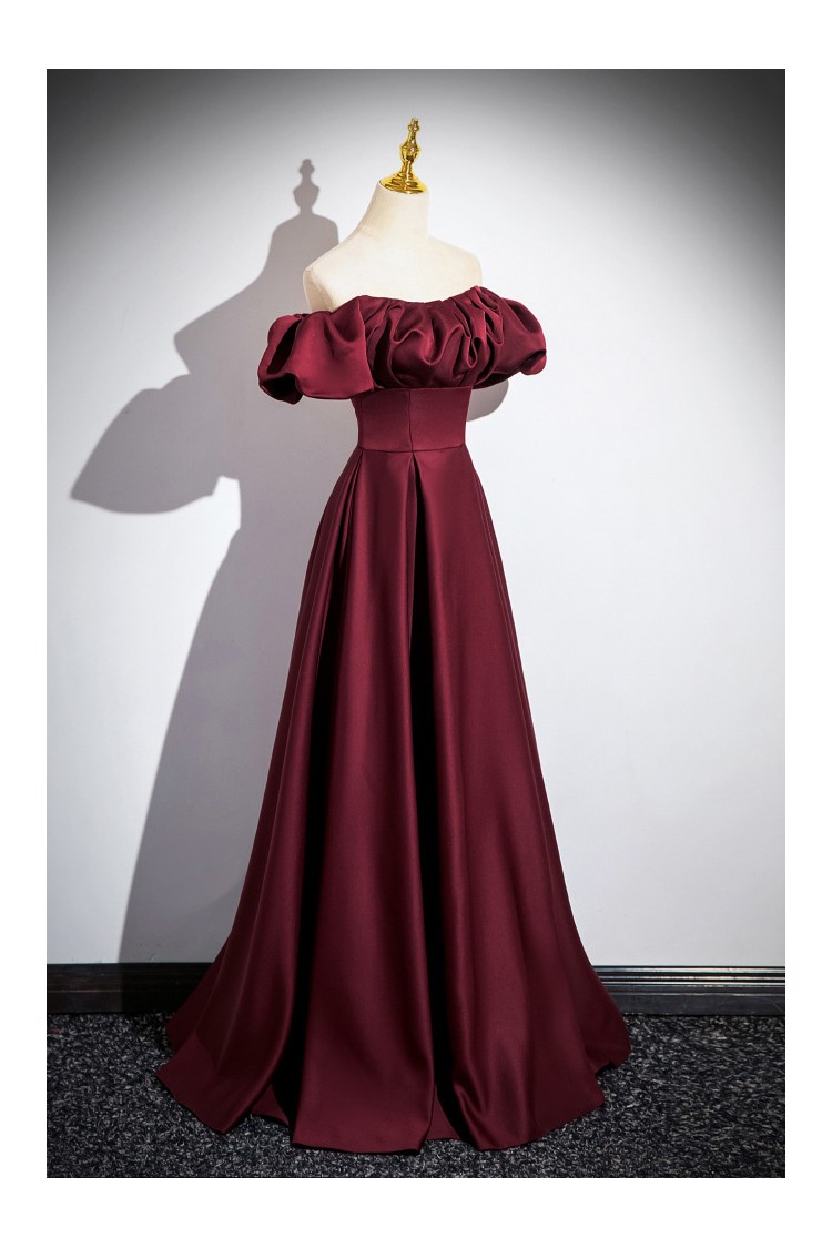 Simple Off Shoulder Satin Long Burgundy Prom Dress with Ruffles - $154. ...