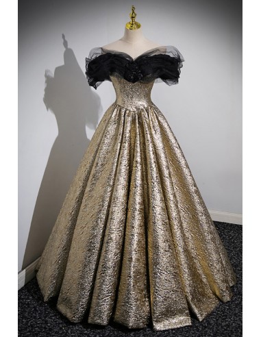 Glitter Gold with Black Tulle Wrap Prom Dress Long with Sweetheart Neck ...