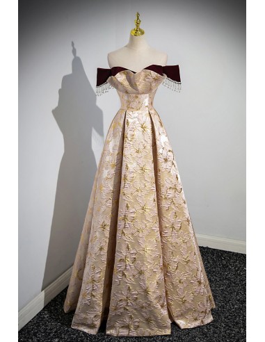 Off The Shoulder Rose Gold Embossed Floral Prom Dress with Beading ...